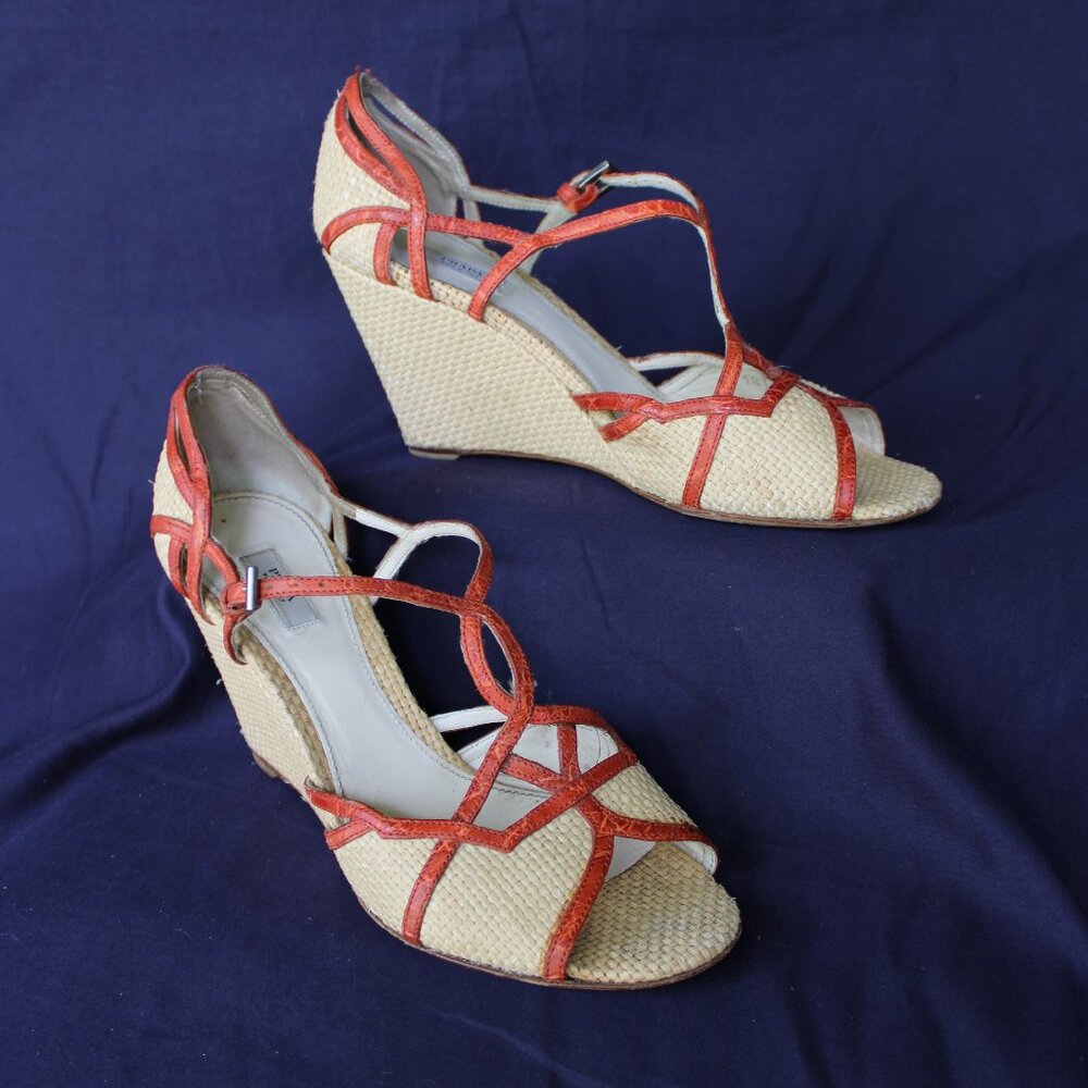 Prada Raffia Rattan Thrush Woven Leather Wedge Heels … - Gem